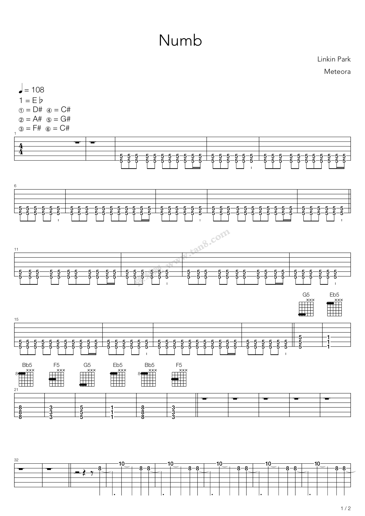 《Numb》吉他谱-C大调音乐网