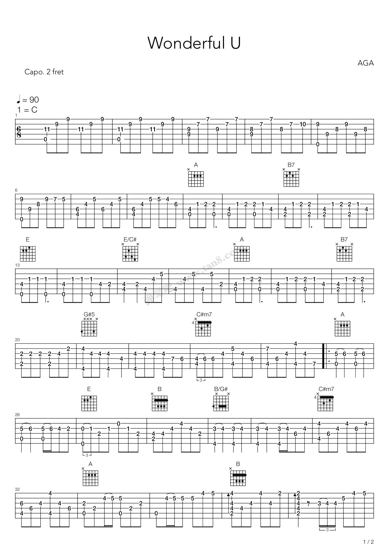 《Wonderful U》吉他谱-C大调音乐网